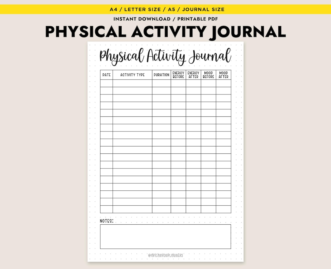 Physical Activity Journal Printable Workout Log Fitness Planner ...