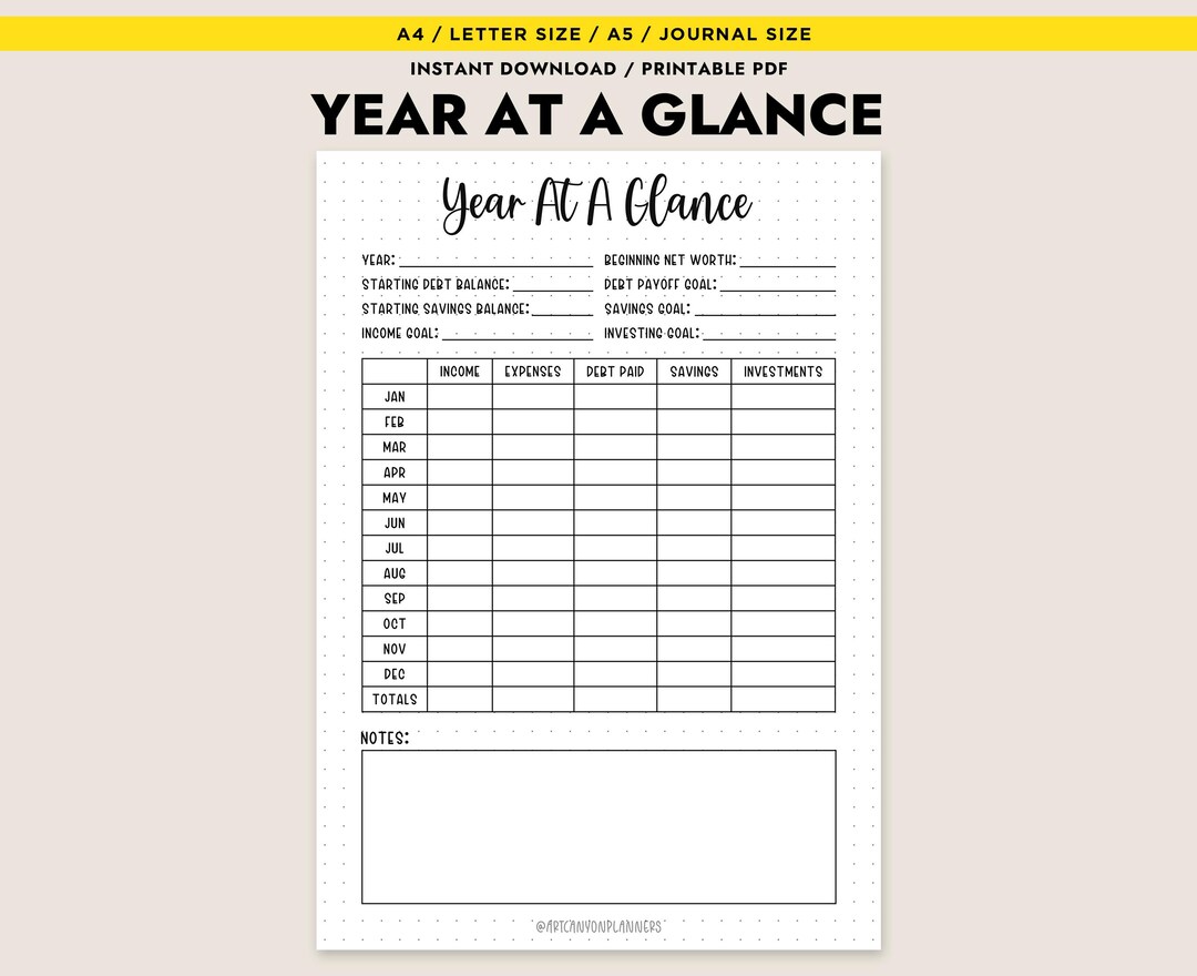 Year at A Glance Financial Planner Printable Budget Goals Tracker PDF ...