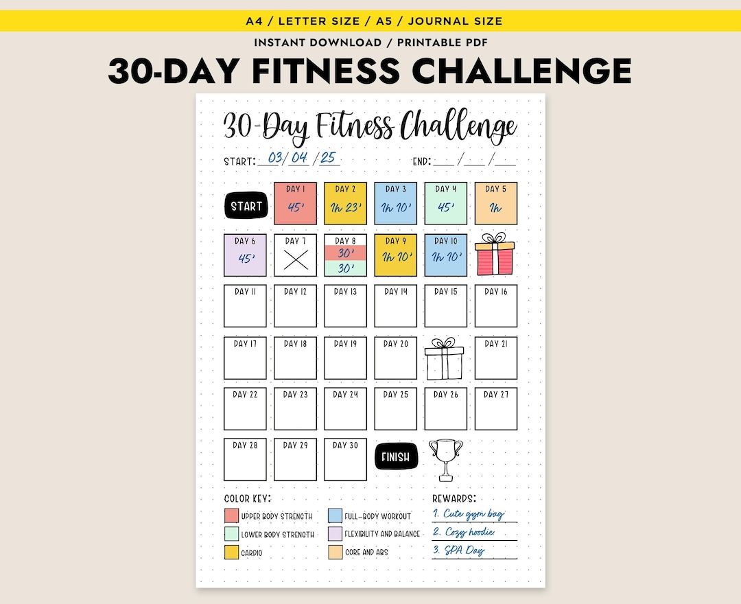 Fitness Challenge Tracker Monthly Printable Planner Journal Page ...