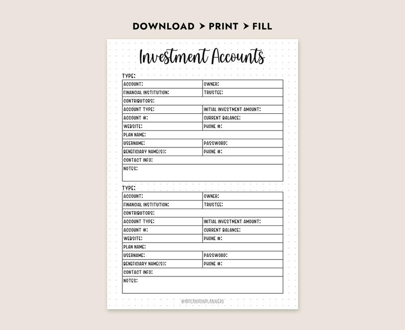 Investment Accounts Tracker Printable Financial Planner Log Finance ...