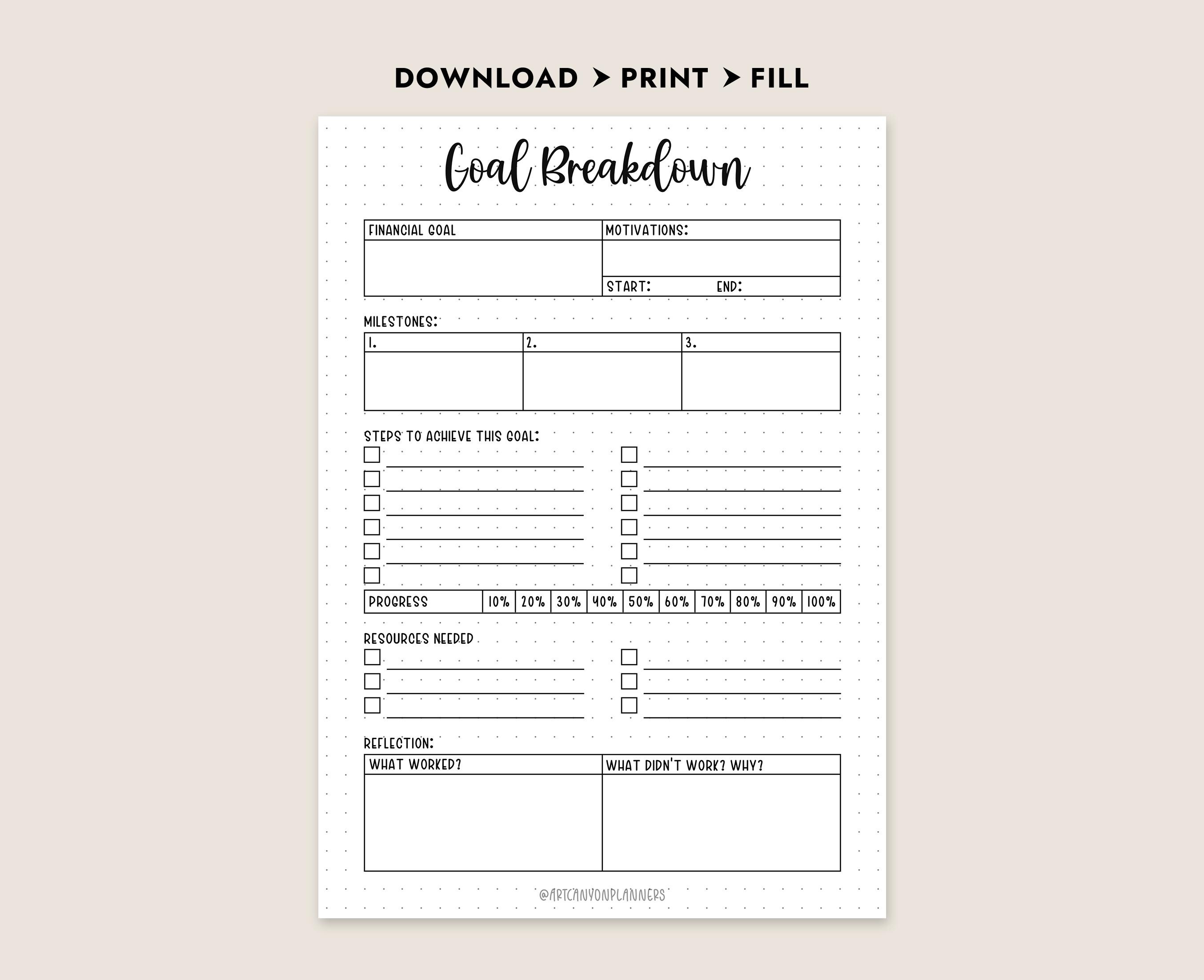 Goal Breakdown Planner Template PDF Goal Tracker Worksheet Milestone ...