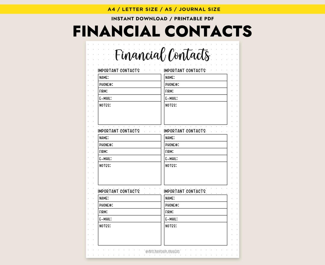 Financial Contacts Printable Planner Insert Important Contact List ...