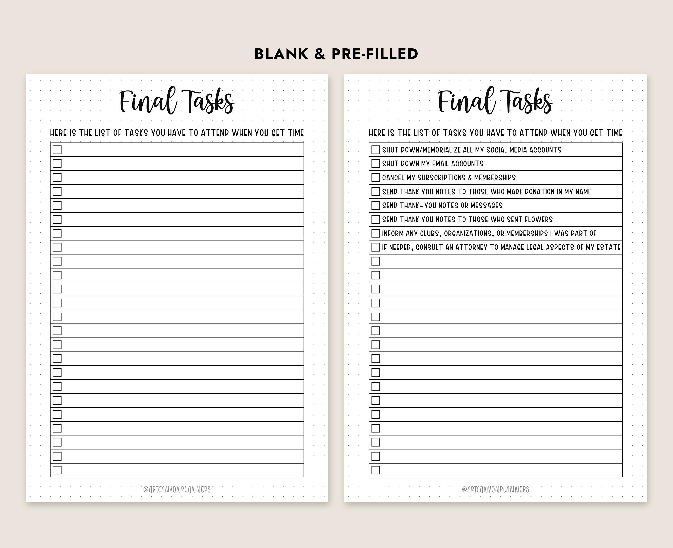 Final Tasks Checklist Printable End of Life Planner After Death ...