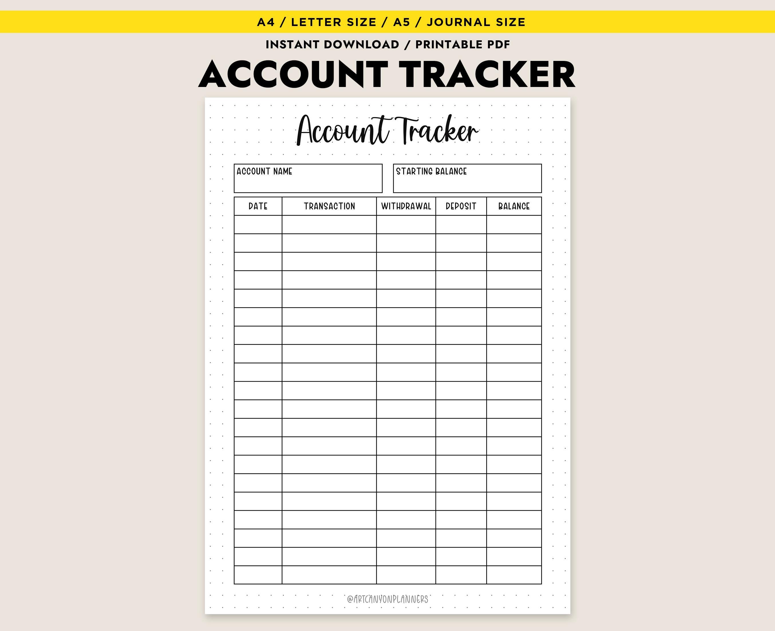 Account Tracker Printable A4 Letter A5 Journal Size Account Balance ...