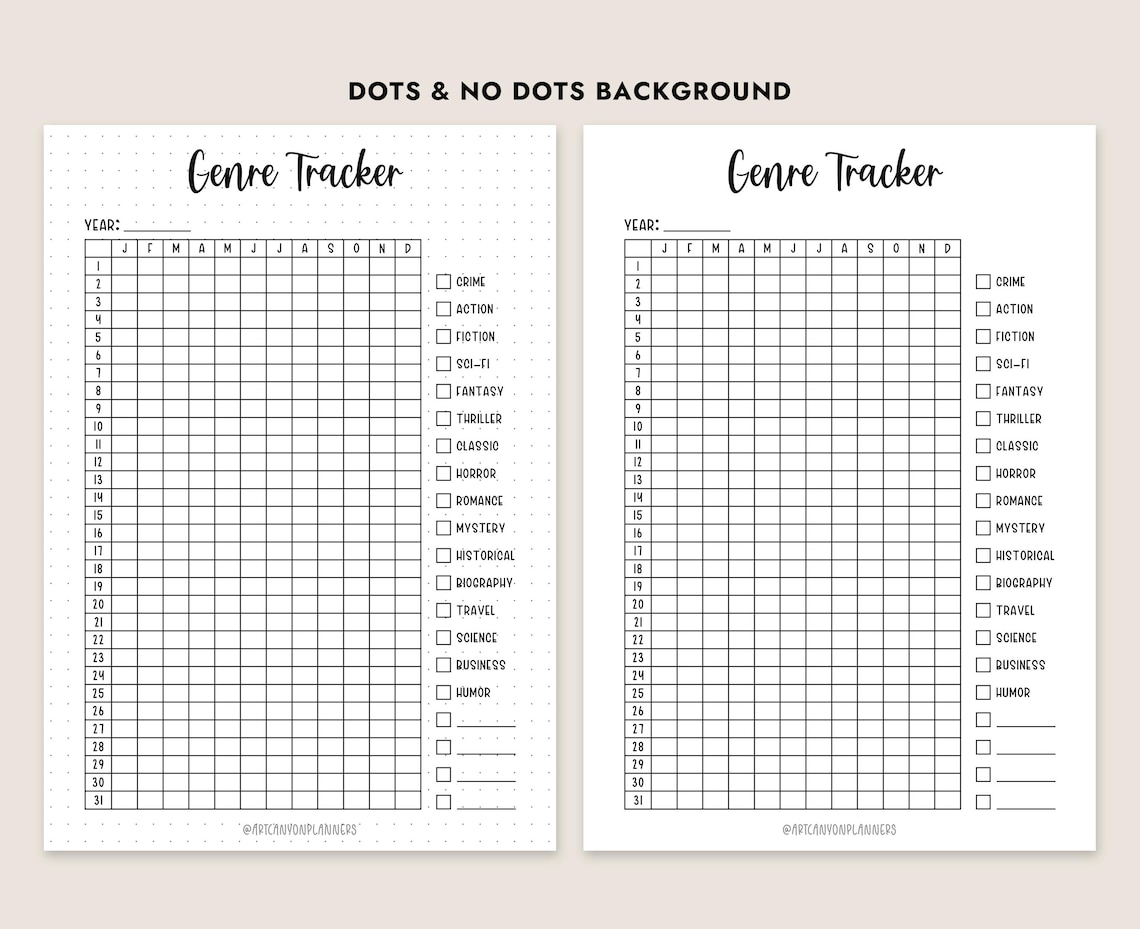 Genre Tracker Printable Reading Journal Page Bookworm Planner Insert A4 ...