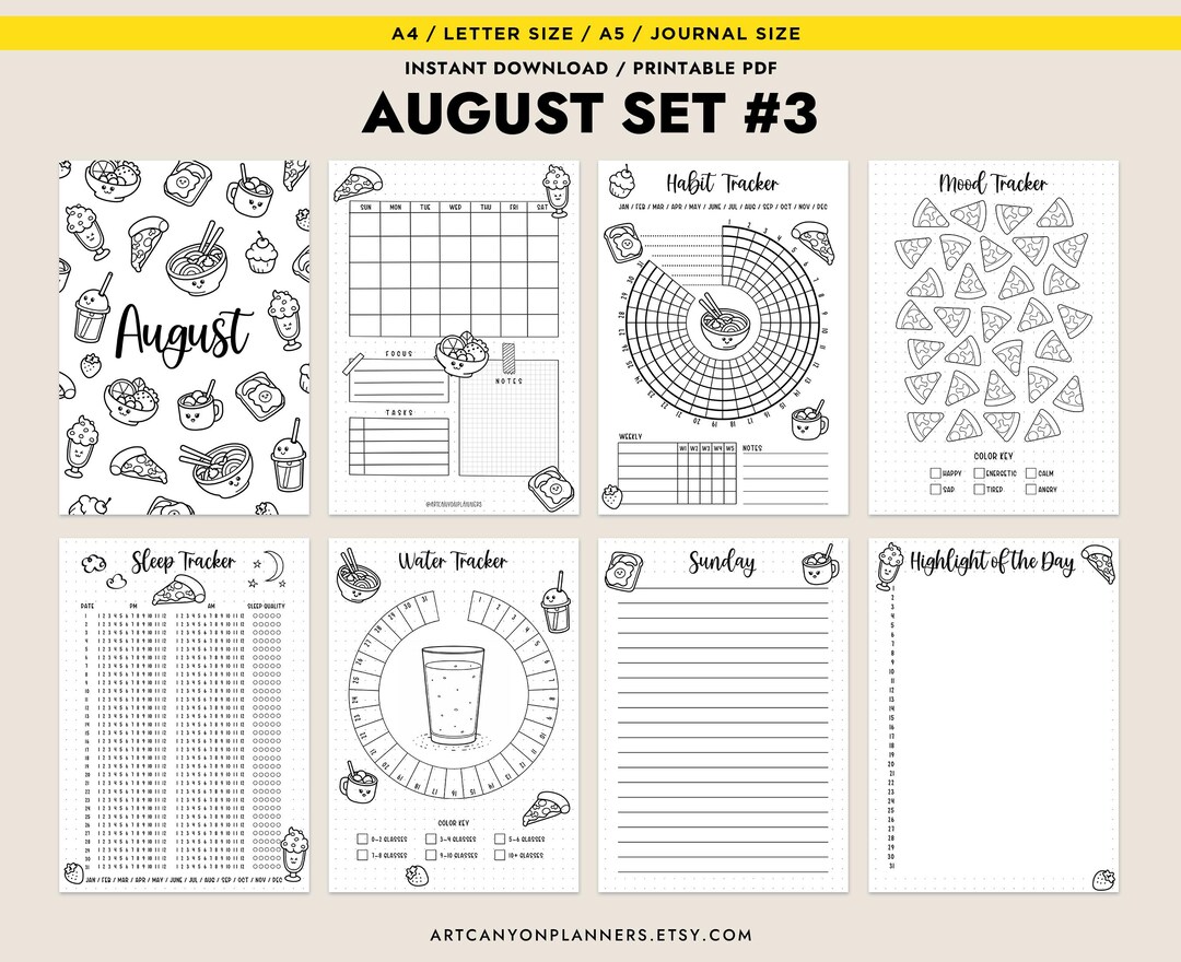 August Title Page Calendar Cover Page Printable Inserts Bullet Journal ...