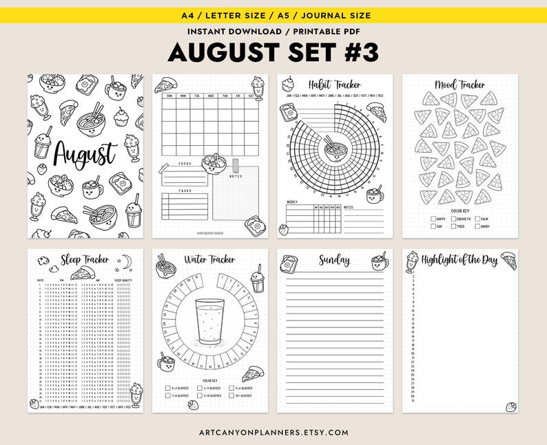 August Title Page Calendar Cover Page Printable Inserts Bullet Journal ...