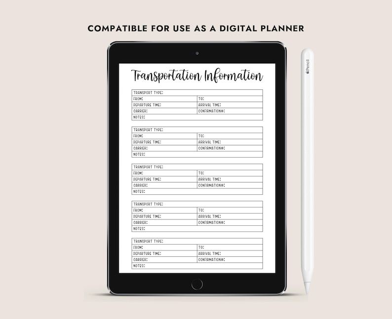 Printable Transportation Information Log Travel Planner Flight Details ...