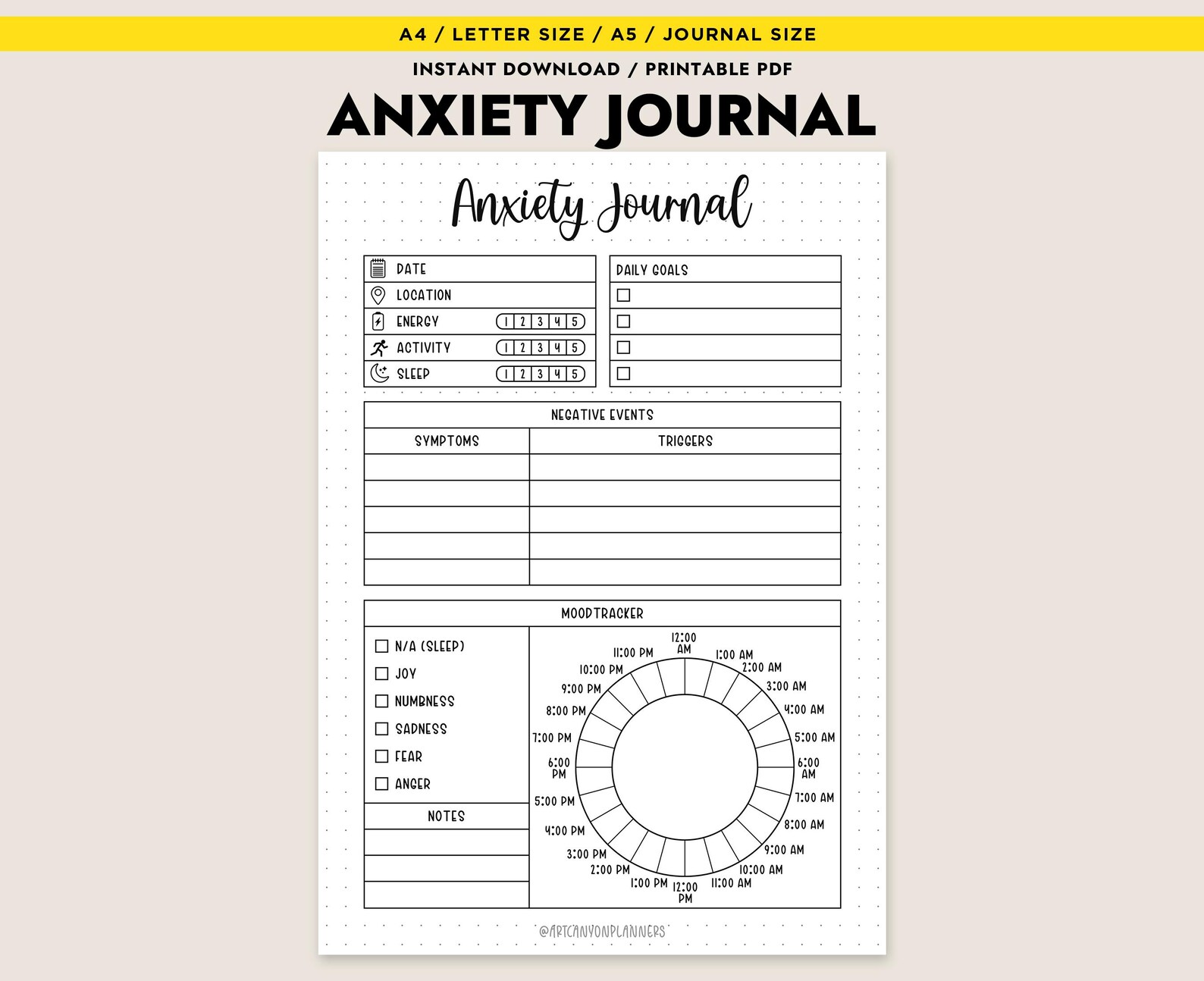 Printable Anxiety Journal Daily Mood Symptom Trigger Tracker Mental ...