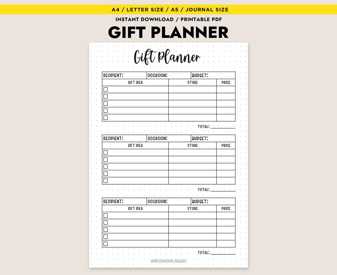 Printable Gift Planner A4 Letter A5 Gift Tracker Budget Log Holiday ...