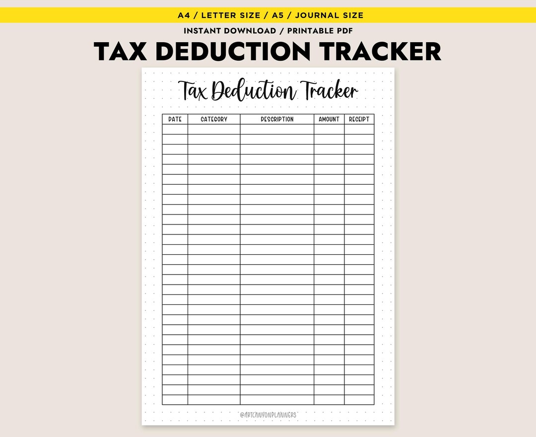 Printable Tax Deduction Tracker A4 Letter A5 Finance Log Expense ...
