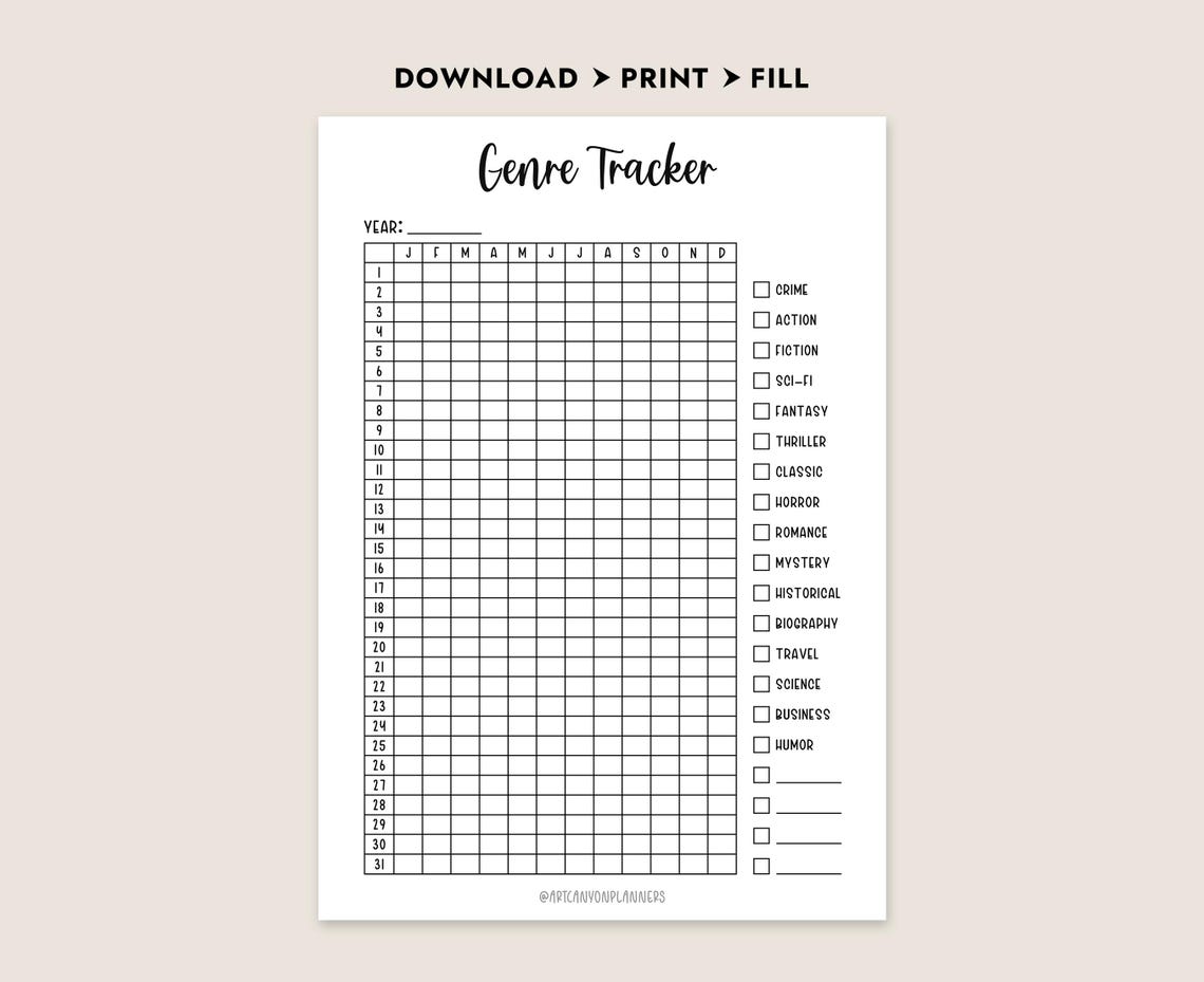 Genre Tracker Printable Reading Journal Page Bookworm Planner Insert A4 ...
