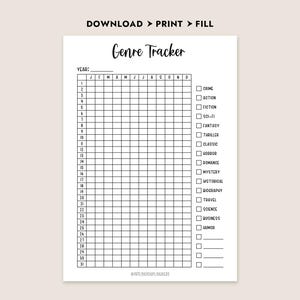 Genre Tracker Printable Reading Journal Page Bookworm Planner Insert A4 ...