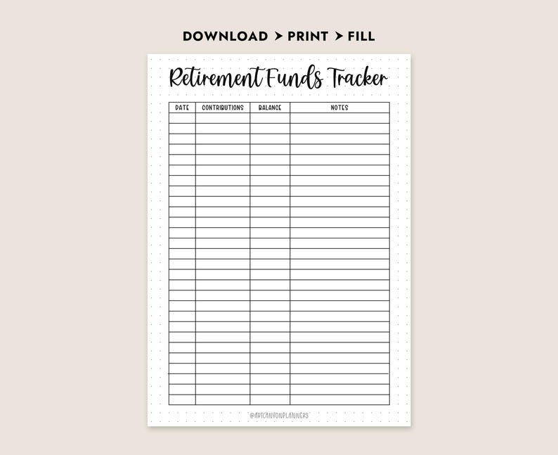 Printable Retirement Funds Tracker Investment Contributions Log Savings ...