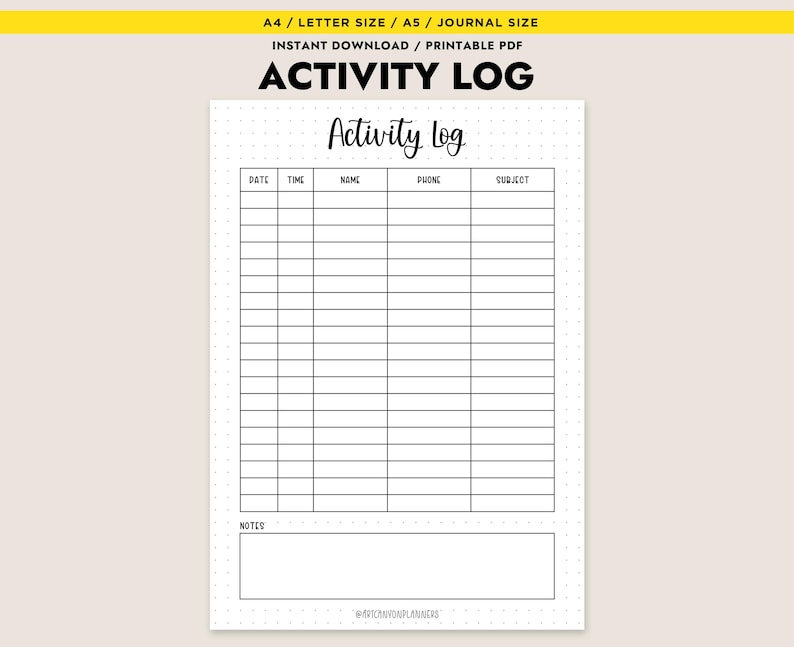 Activity Log Printable PDF A4 Letter A5 Daily Task Tracker Journal for ...