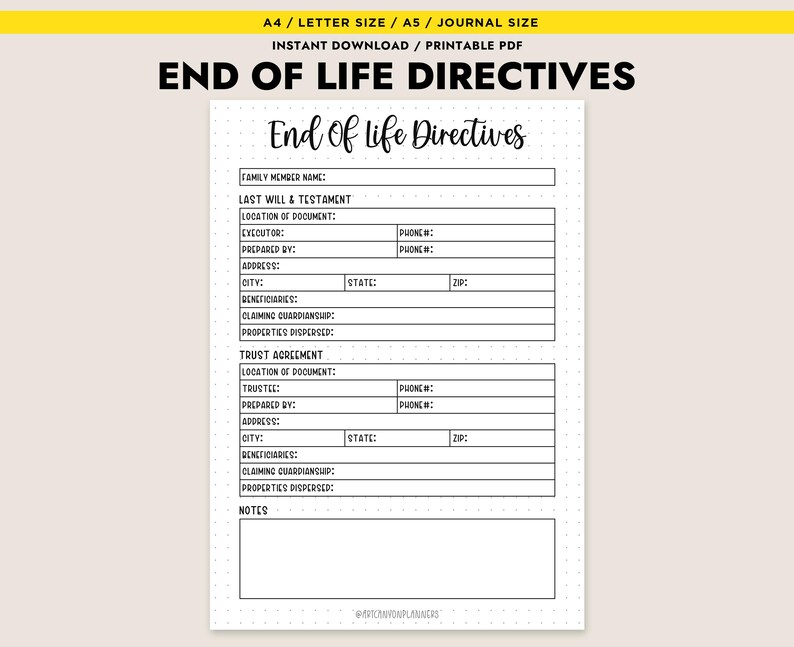 End of Life Planner Printable PDF Final Wishes Organizer Last Will and ...