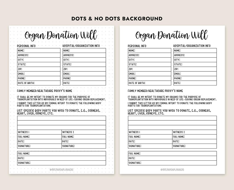 Organ Donation Will Printable Form Medical Directive Planner Insert A4 ...