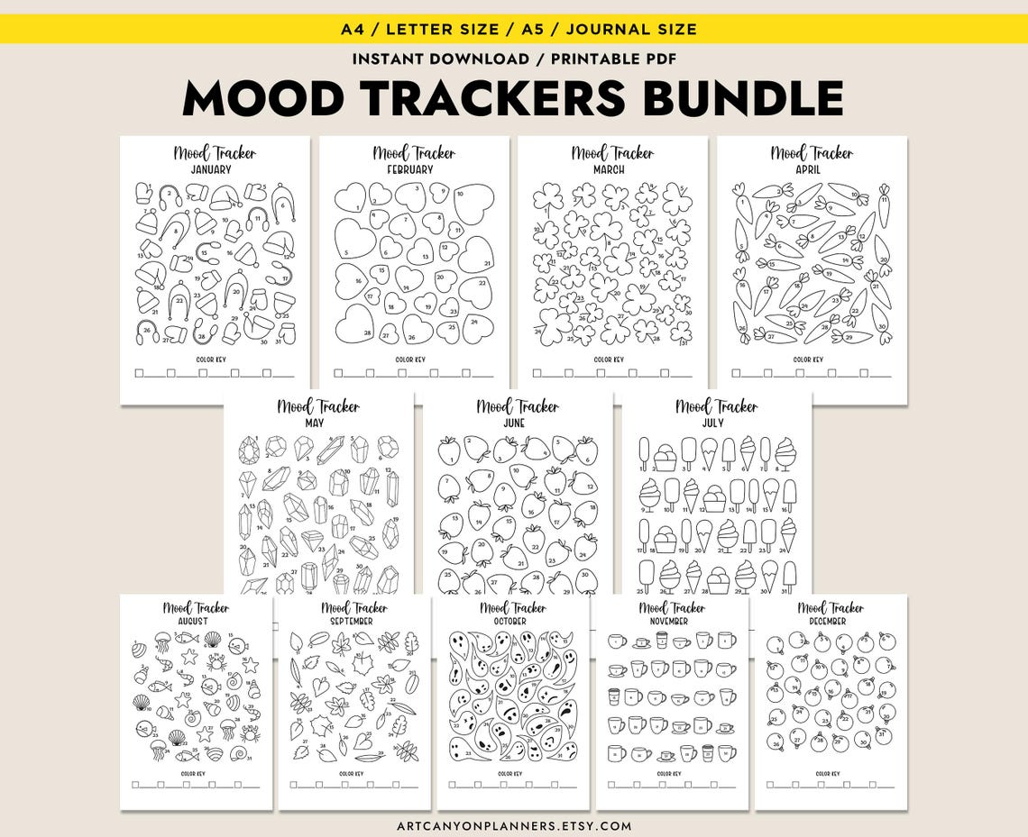 Monthly Mood Tracker Bundle Printable Monthly Rating Tracker Rate My ...