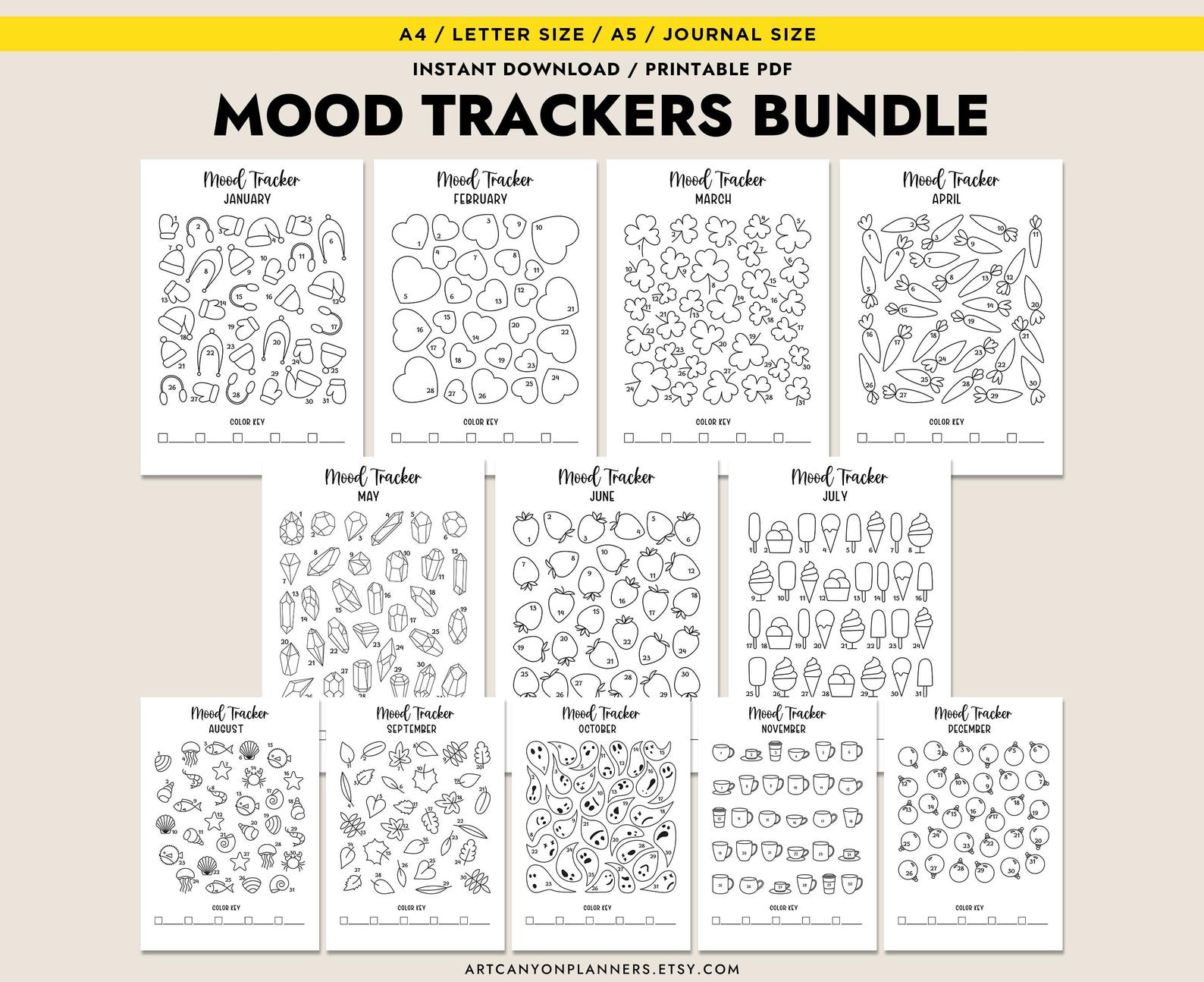 Monthly Mood Tracker Bundle Printable Monthly Rating Tracker Rate My ...