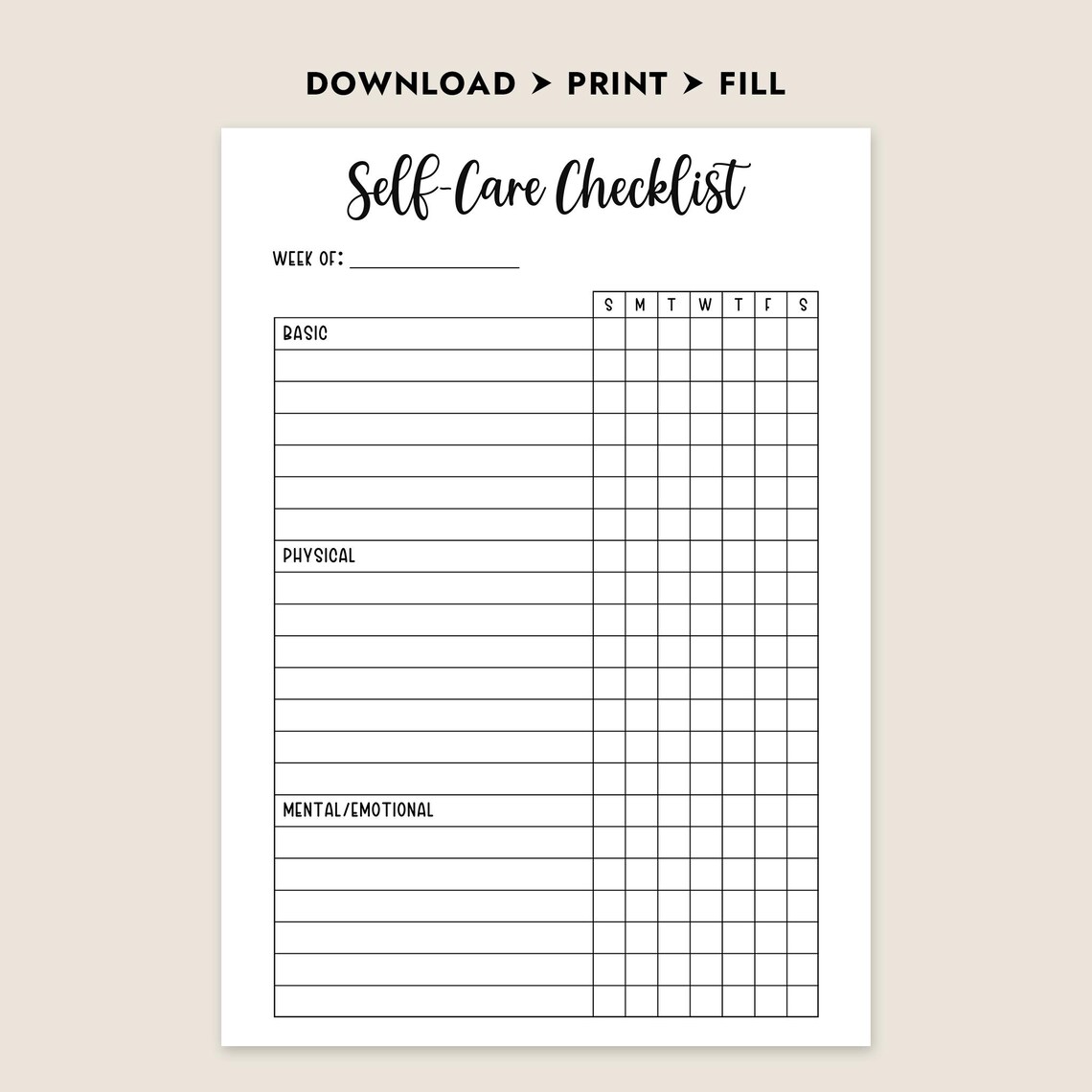Weekly Self Care Checklist Printable Journal Page Health Tracker Water ...