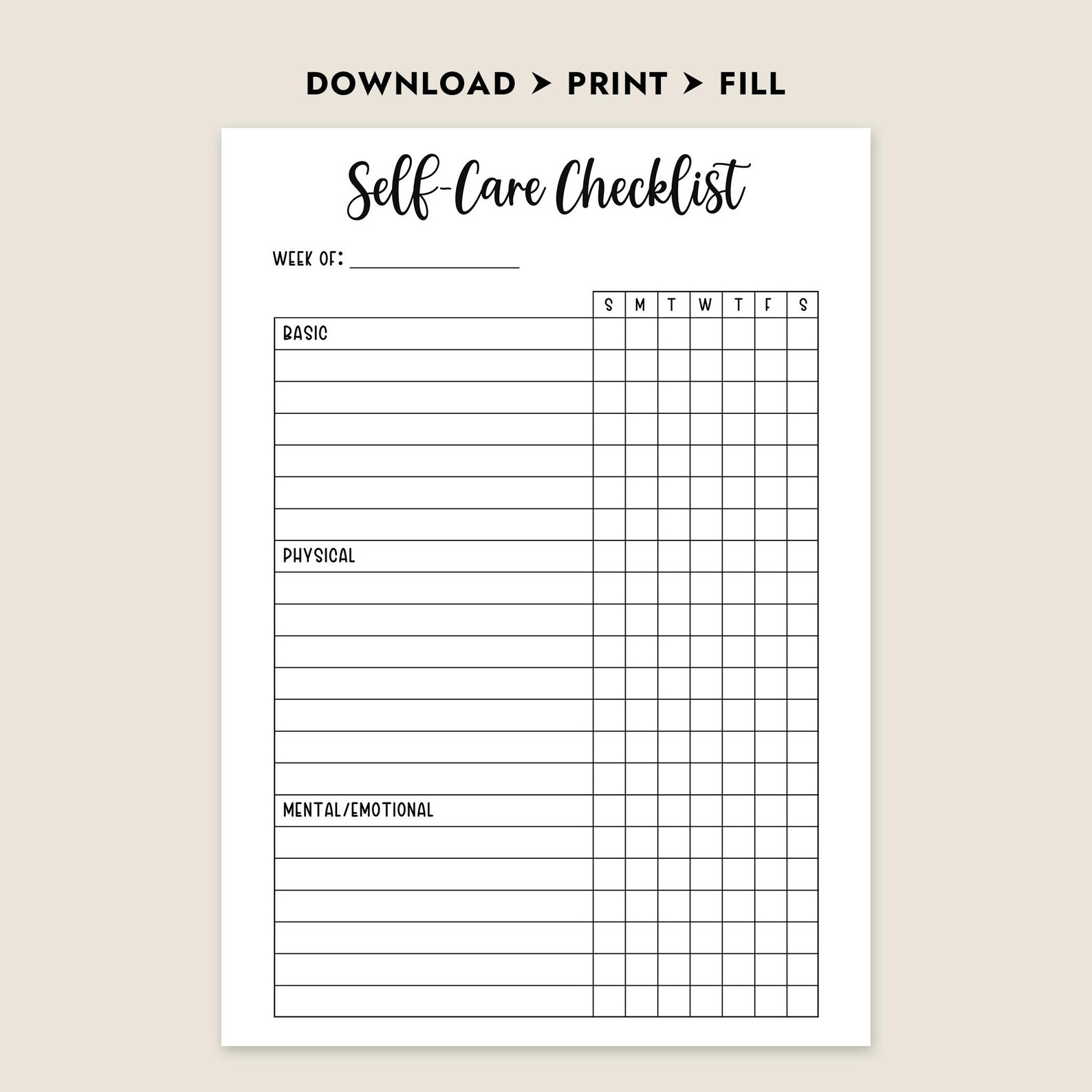 Weekly Self Care Checklist Printable Journal Page Health Tracker Water ...