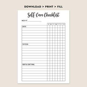 Weekly Self Care Checklist Printable Journal Page Health Tracker Water ...