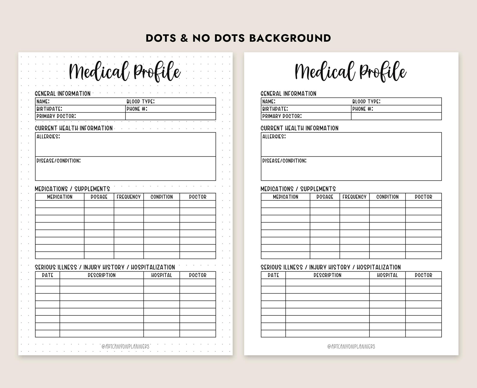 Medical Profile Printable Health Information Tracker Medical History ...