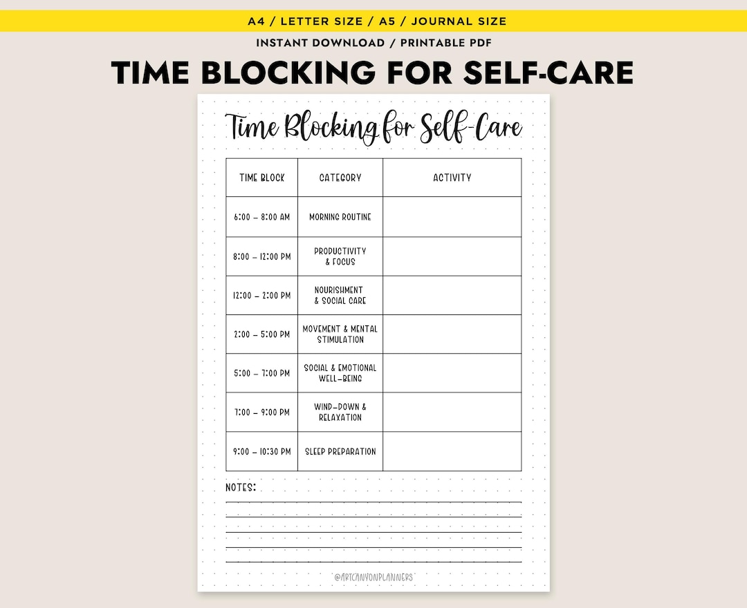 Time Blocking Self Care Planner Printable Schedule A4 A5 Letter PDF ...