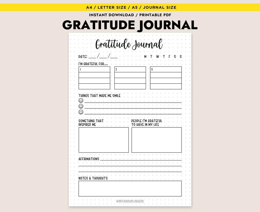 Printable Gratitude Journal Page Daily Mindfulness Log PDF Instant ...