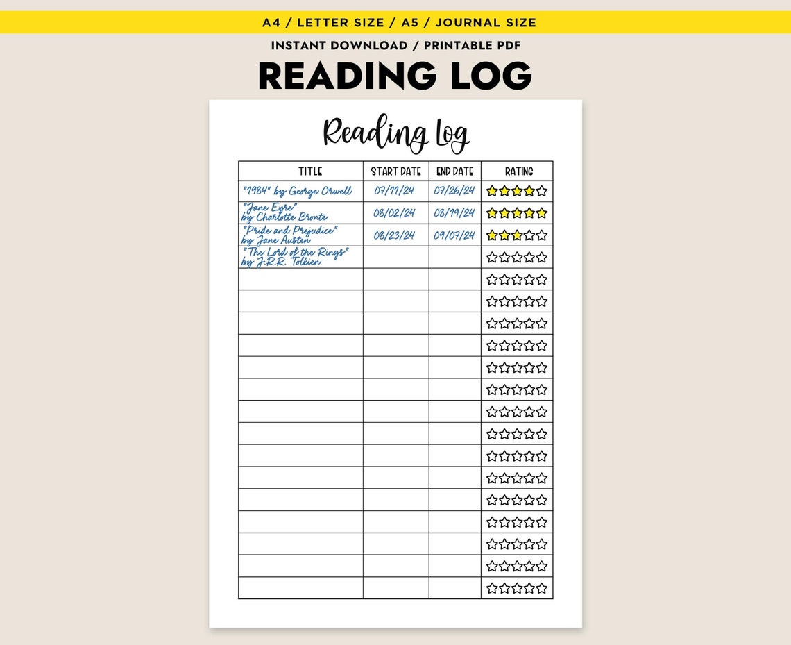 Reading Log Chart Printable Journal Page Planner Book Book Tracker ...