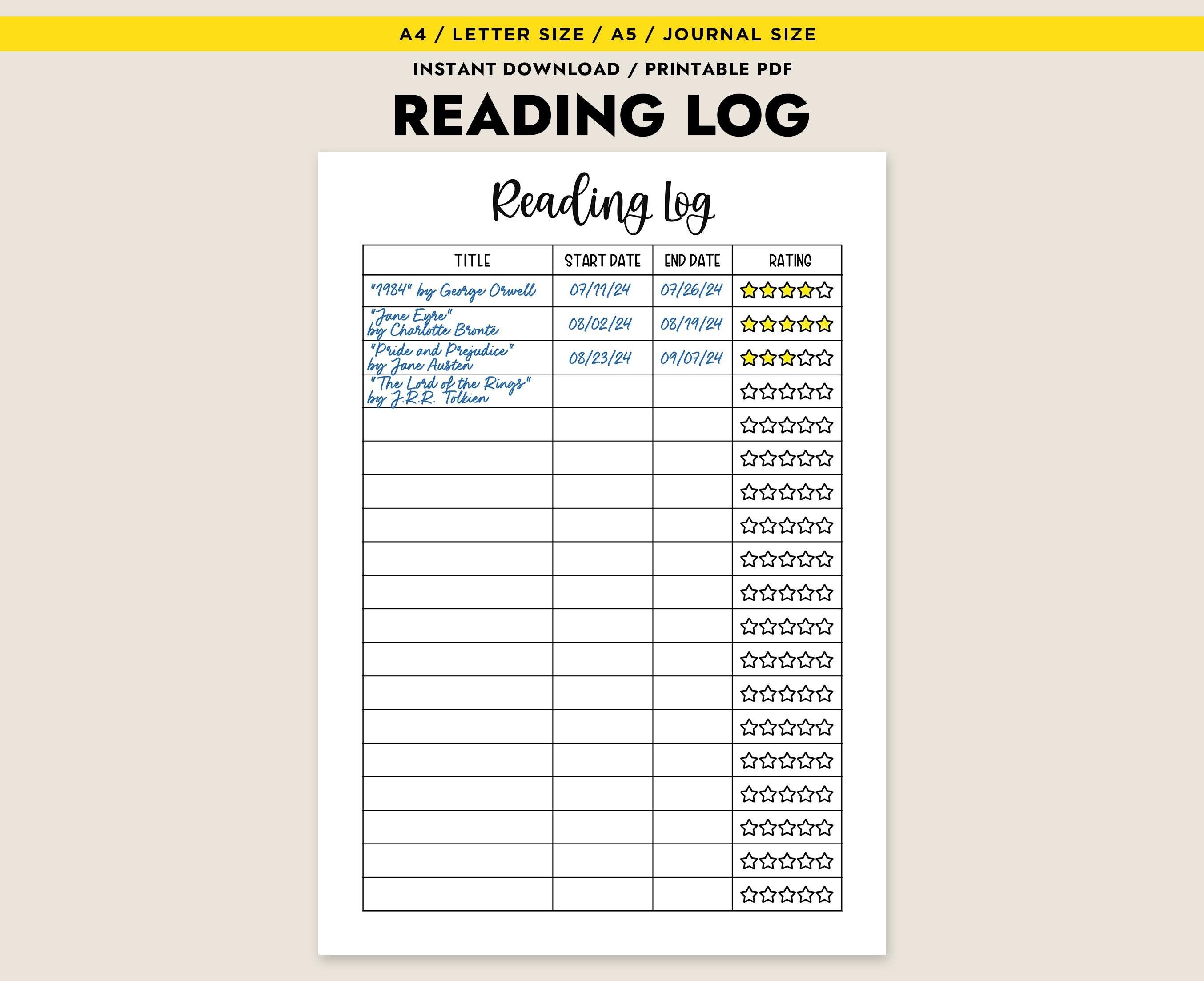 Reading Log Chart Printable Journal Page Planner Book Book Tracker ...