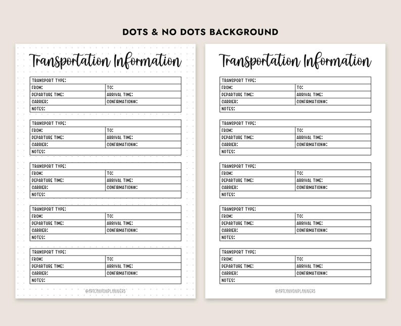 Printable Transportation Information Log Travel Planner Flight Details ...