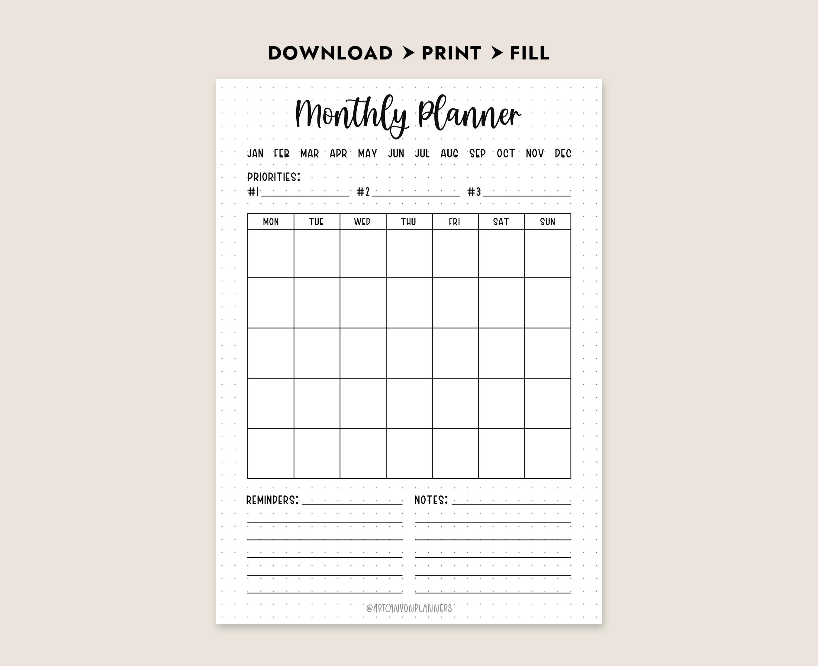 Monthly Planner Printable Undated A4 Letter A5 Journal Monthly Calendar ...