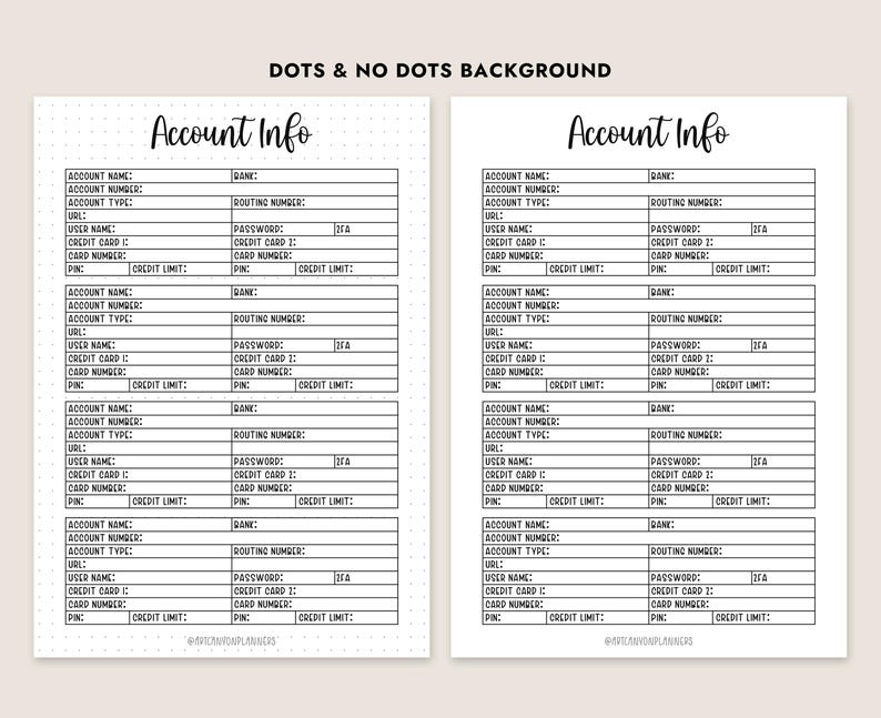 Printable Account Info Tracker Password Log Financial Organizer Insert ...