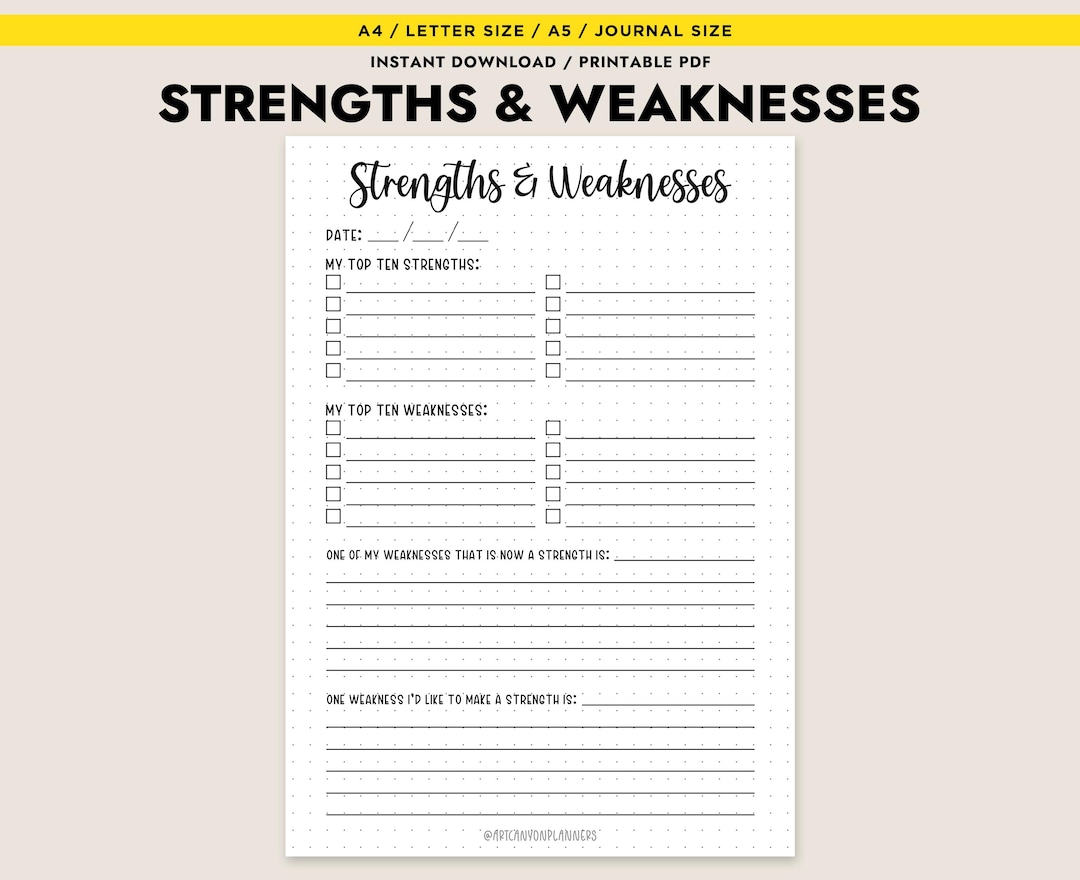 Strengths and Weaknesses Worksheet Printable Self Reflection Journal ...