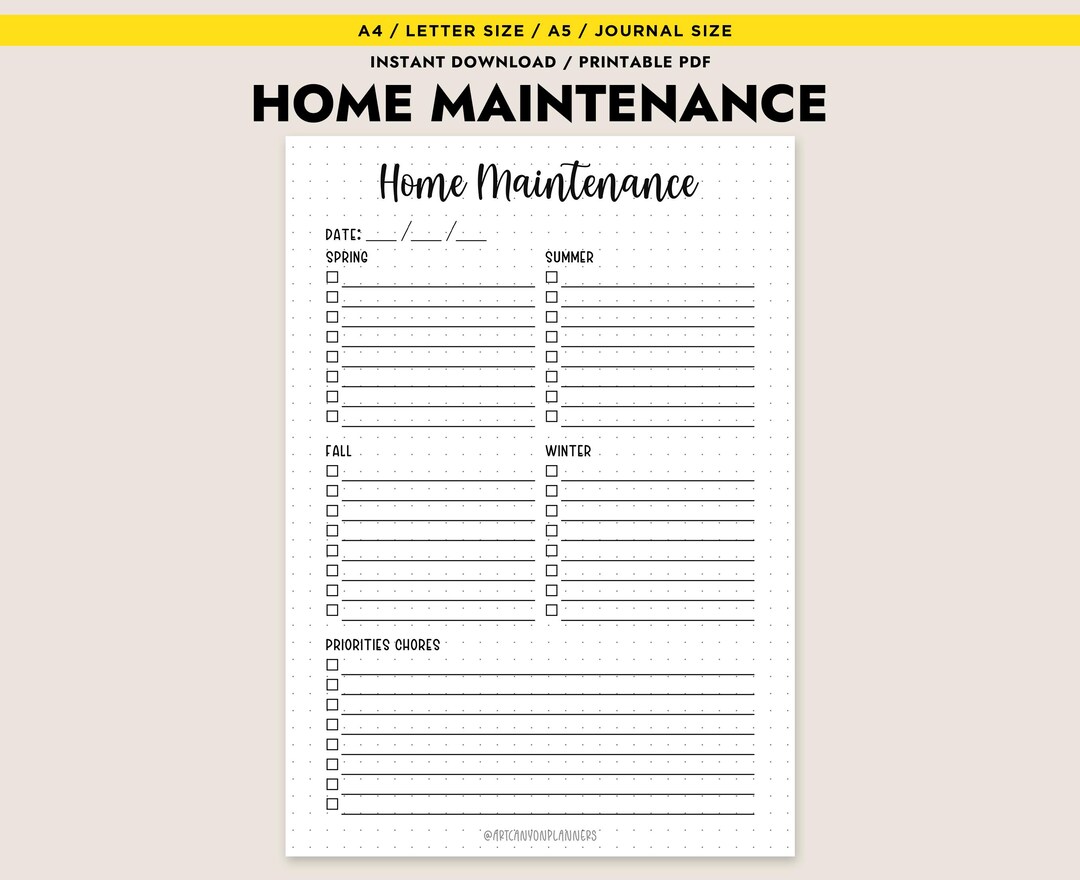 Home Maintenance Checklist Printable Seasonal Chore Chart Planner ...