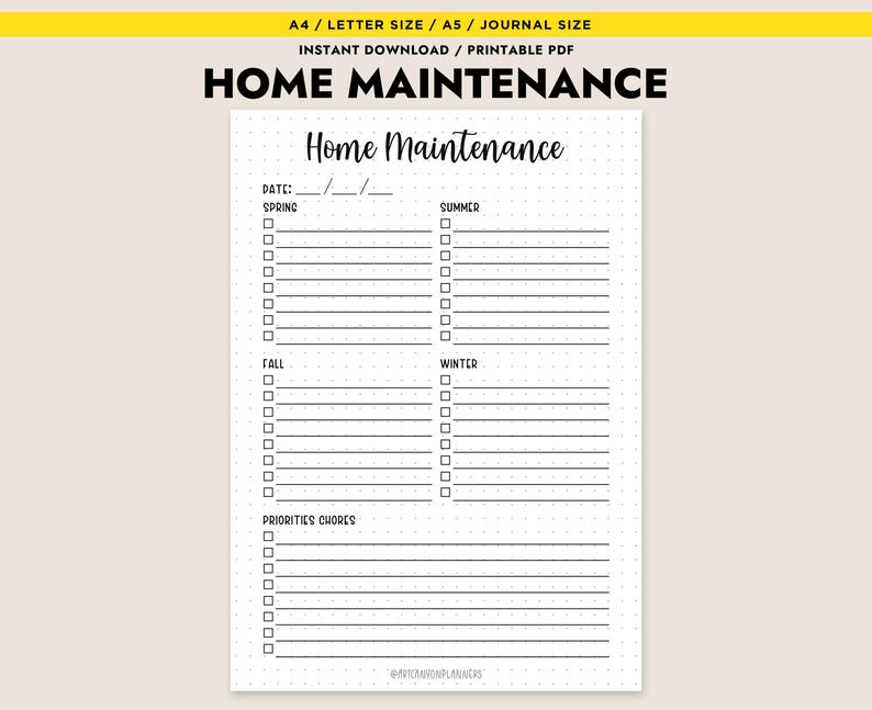 Home Maintenance Checklist Printable Seasonal Chore Chart Planner ...