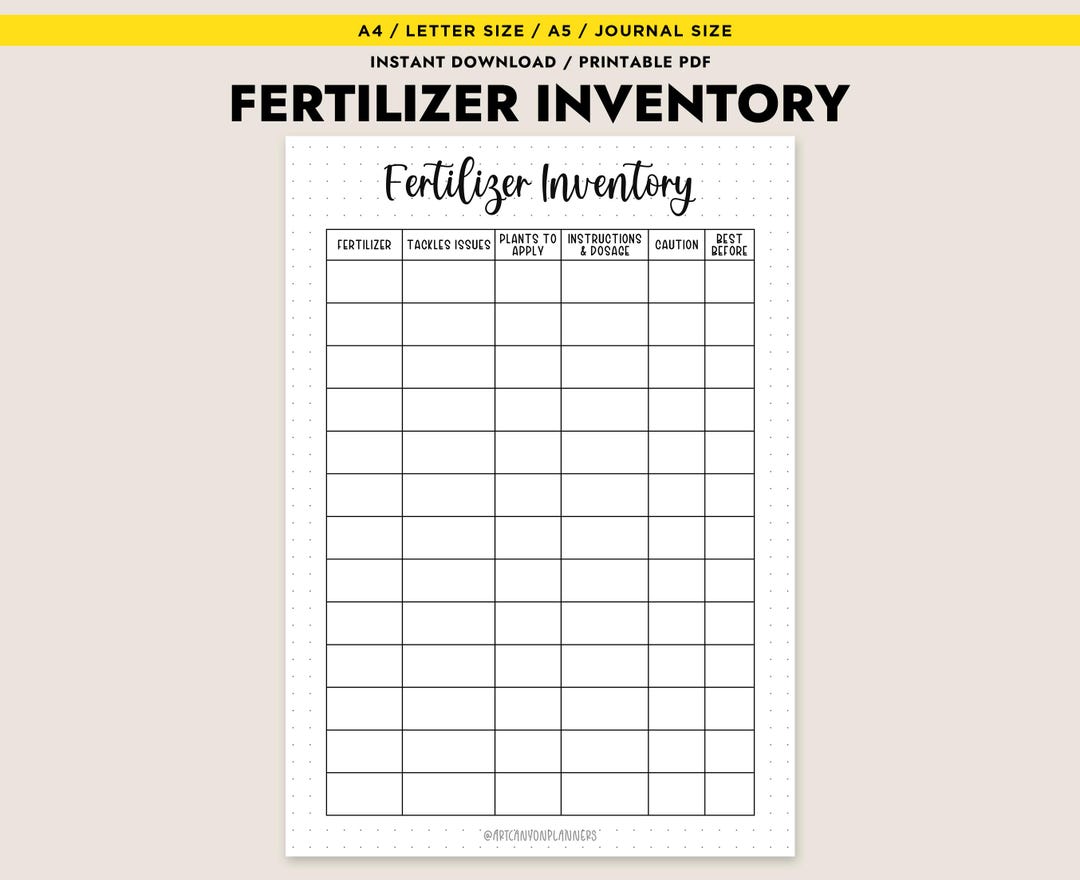 Fertilizer Inventory Printable Garden Planner Plant Food Log A4 A5 ...