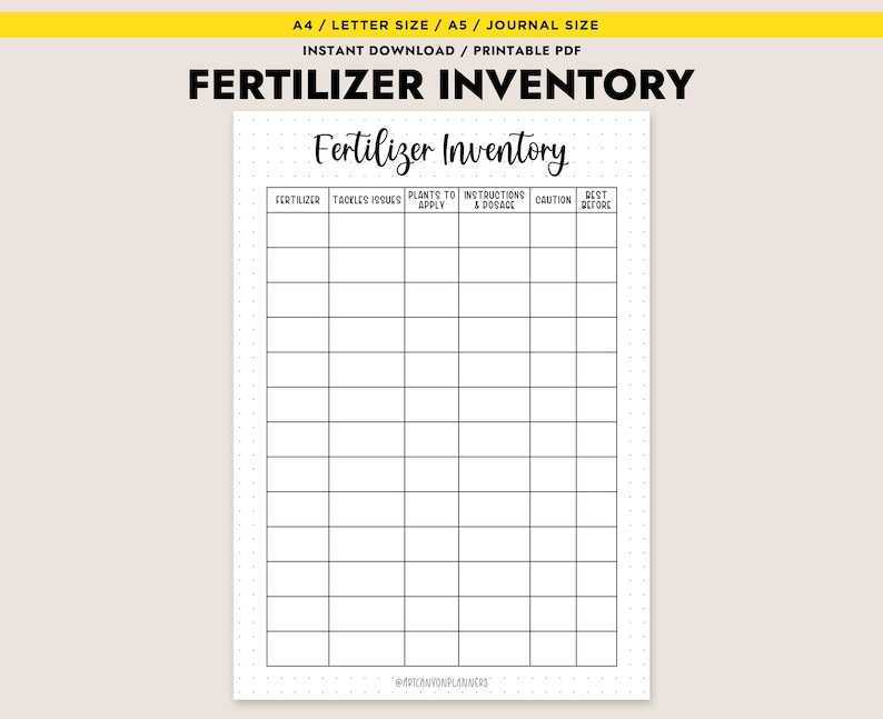Fertilizer Inventory Printable Garden Planner Plant Food Log A4 A5 ...