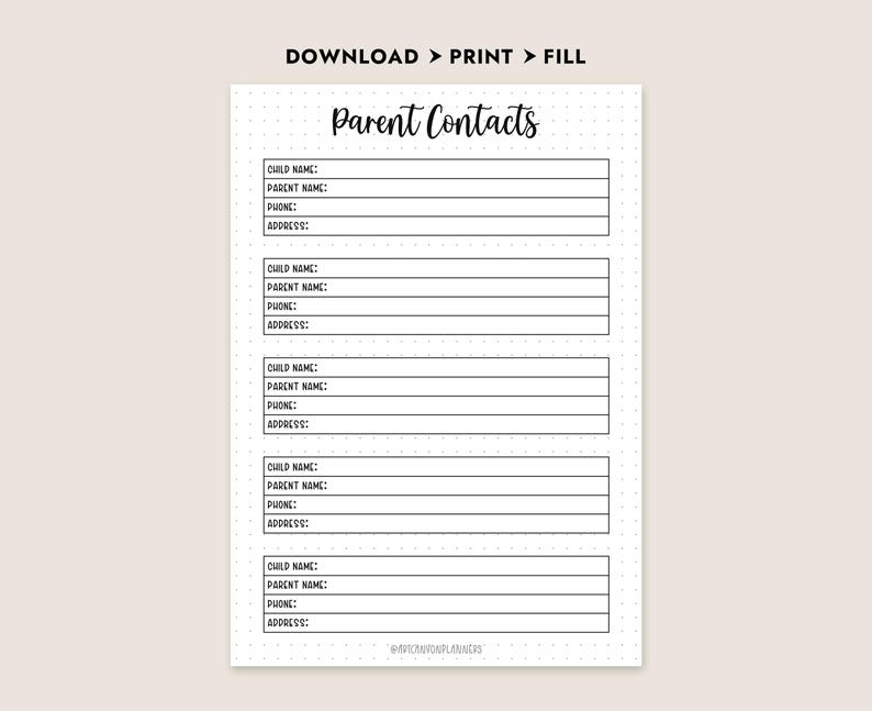 Parent Contact List Printable Teacher Student Information Sheet Daycare ...