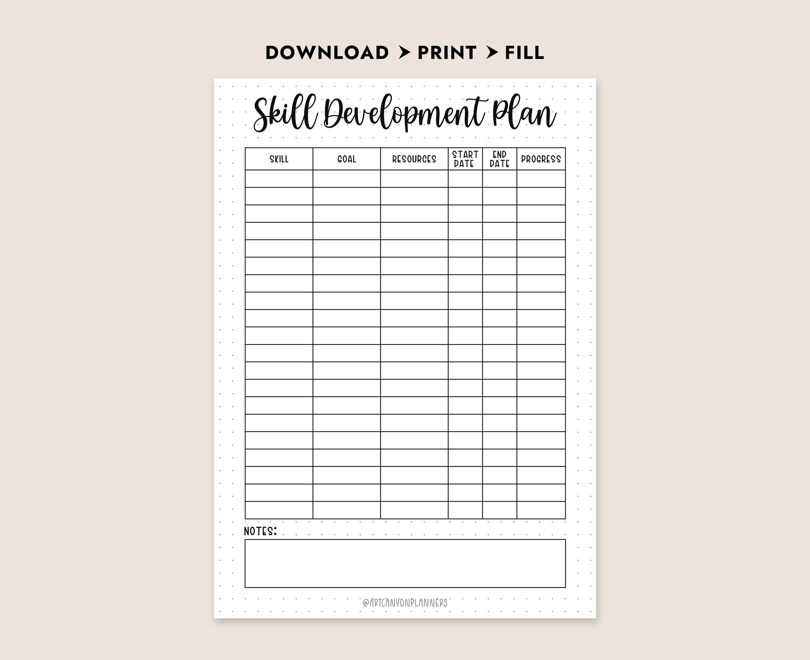 Skill Development Plan Printable Goal Tracker Self Improvement Learning ...