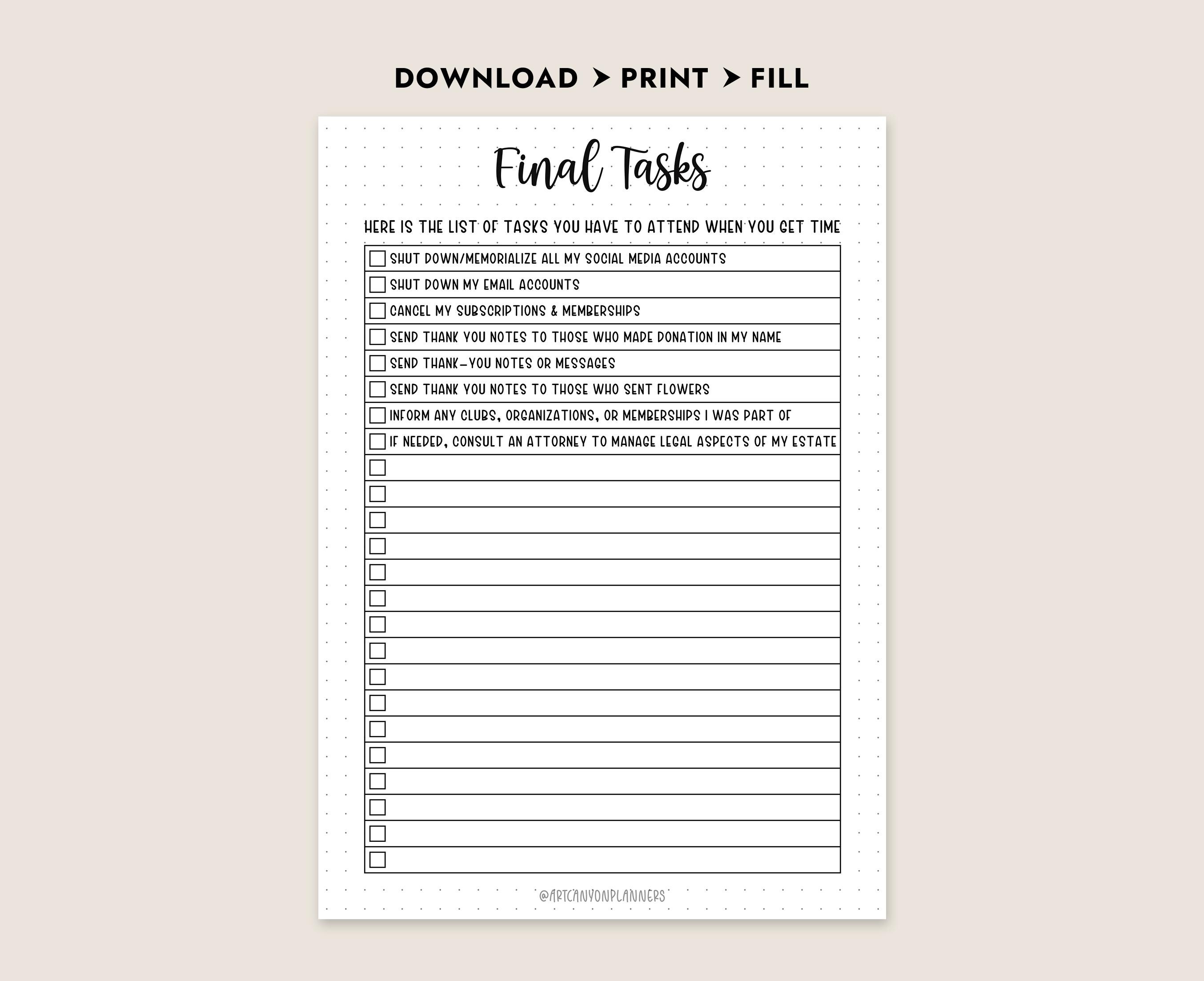 Final Tasks Checklist Printable End of Life Planner After Death ...
