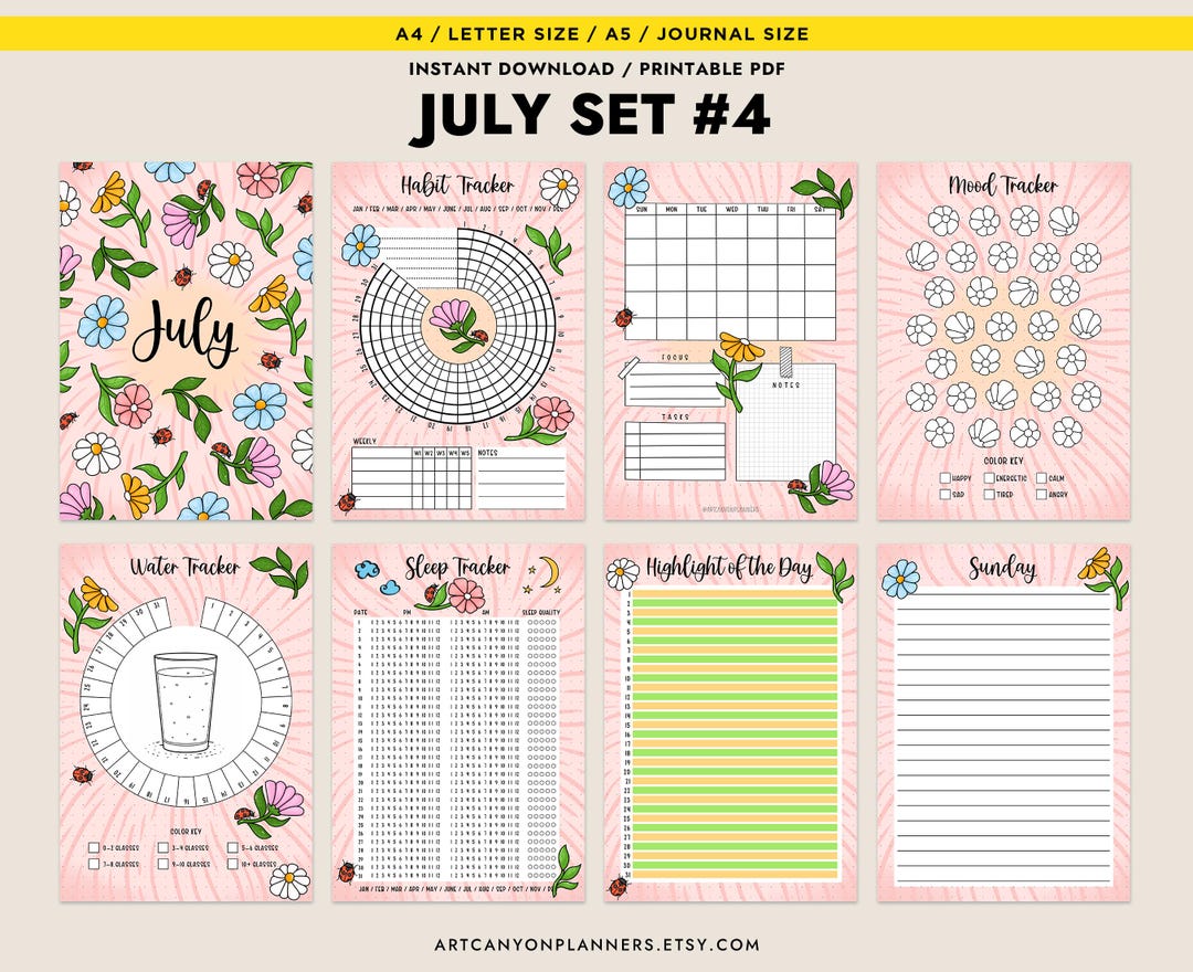 July Title Page Calendar Cover Page Printable Inserts Bullet Journal ...