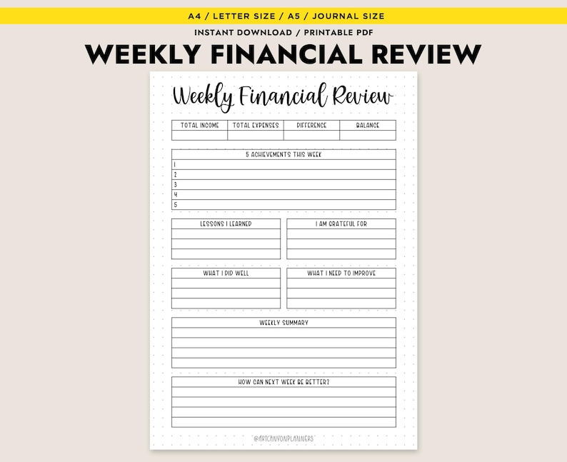 Weekly Financial Review Printable Planner Finance Tracker Weekly Budget ...
