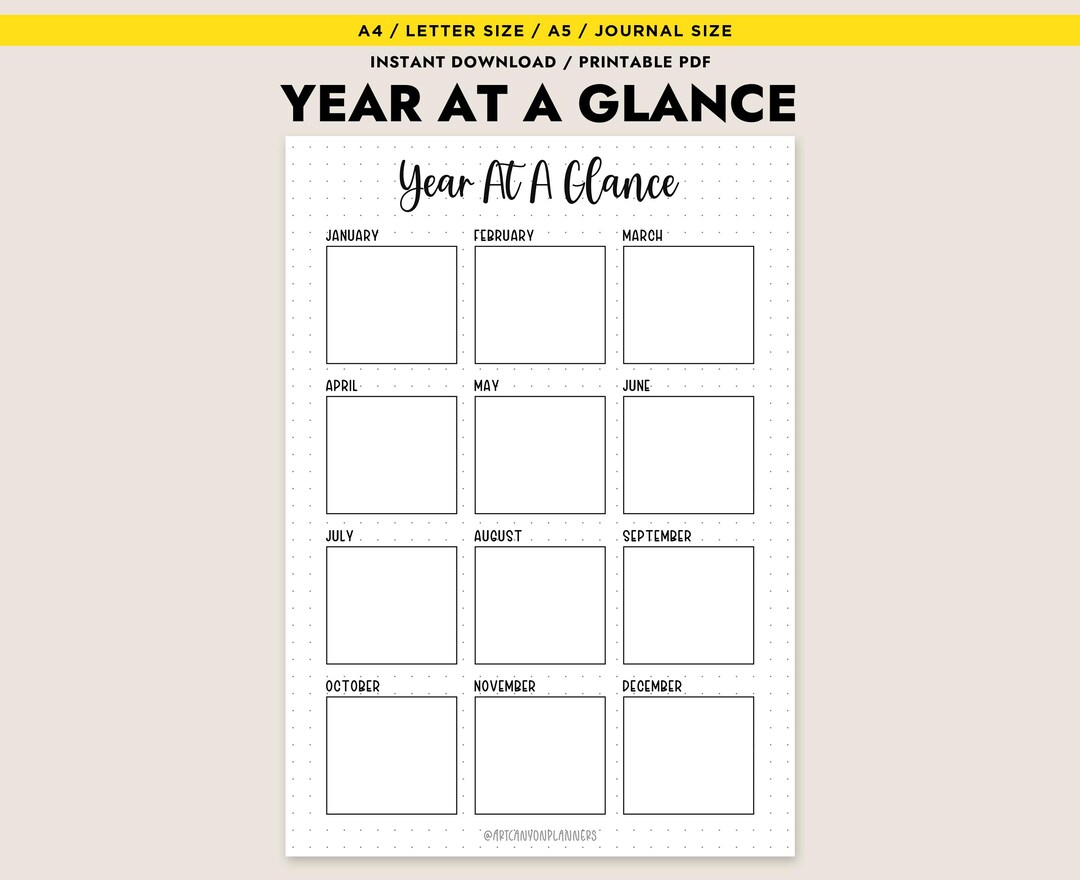 Year at a Glance Planner Printable Undated Calendar Yearly Overview A4 ...