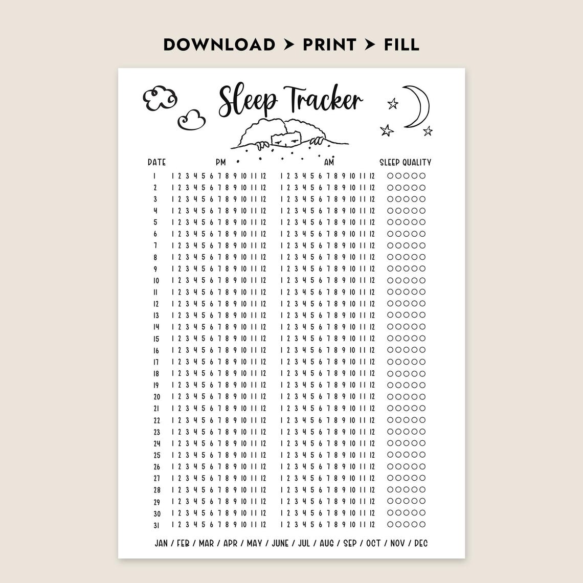 24 Hour Sleep Tracker Printable Monthly Tracker Sleep Log Sleep ...