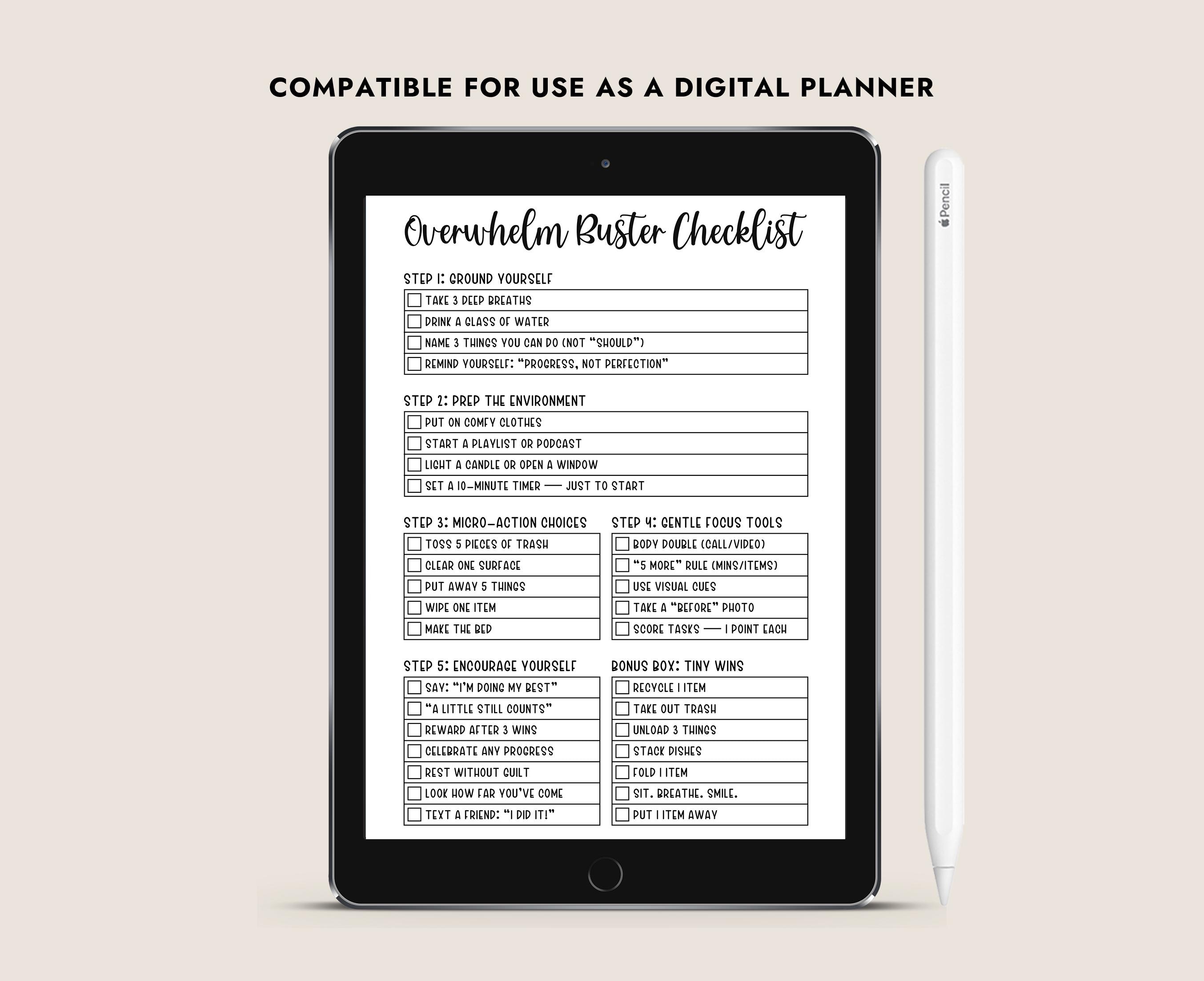 Overwhelm Buster Checklist Printable PDF for ADHD Anxiety Mental Health ...