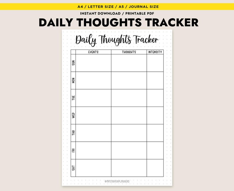 Daily Thoughts Tracker Printable Weekly Log CBT Journal Page A4 A5 ...