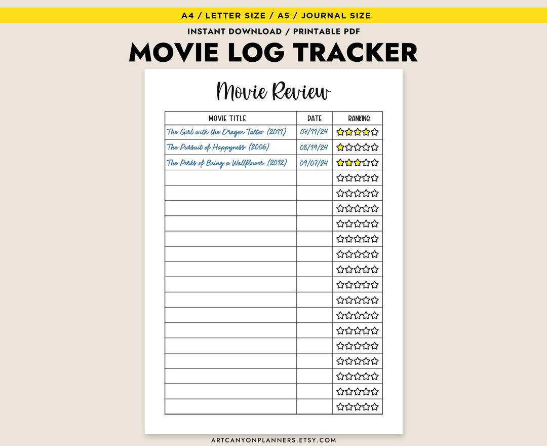 Movie Review Tracker Watching Log Printable Journal Page Planner Book ...