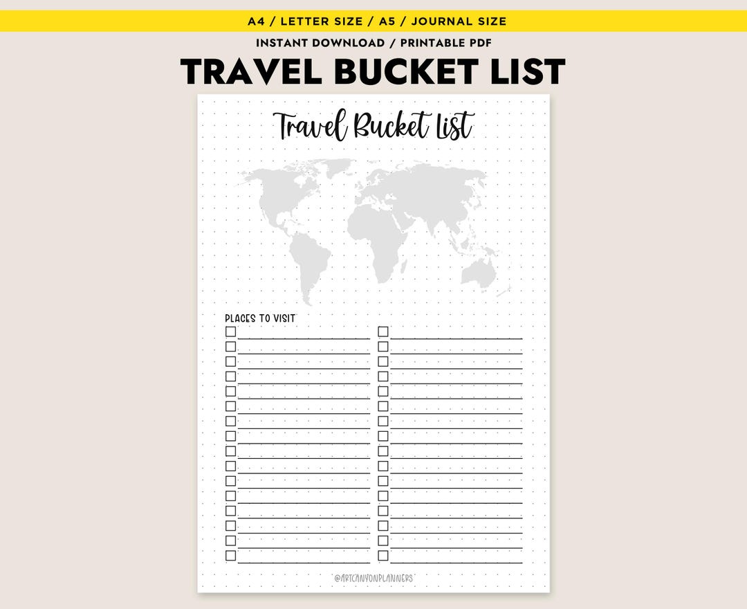 Printable Travel Bucket List World Map Destination Wishlist Instant ...